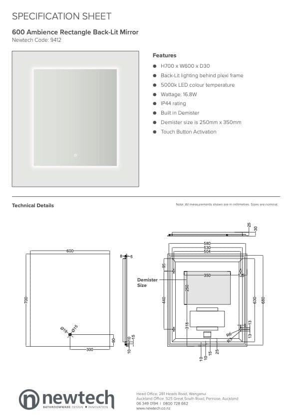 Mirror NZ | Bathroom Mirror | Rectangle Mirror | Newtech Ambience 600 ...