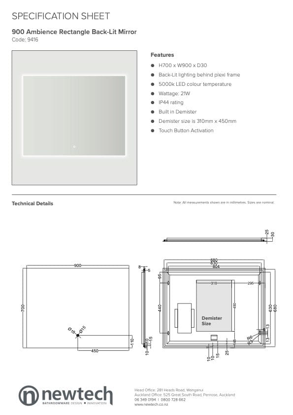 Mirror NZ | Bathroom Mirror | Rectangle Mirror | Newtech Ambience 900 ...