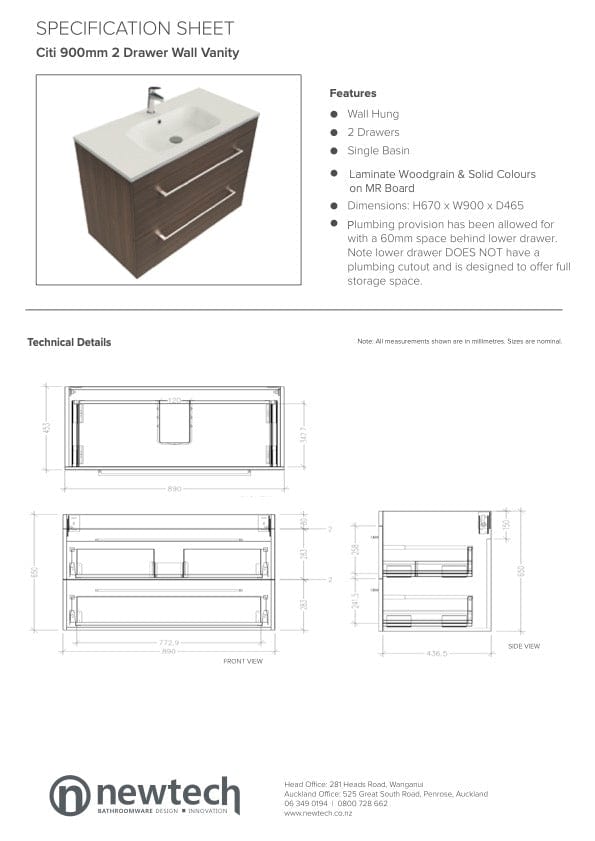 Newtech Citi Double Tier 900mm | 2 Drawer Wall Vanity - The Bathroom Shop