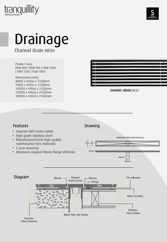 Tranquillity Channel Drain | Mesh | Stainless Steel - The Bathroom Shop