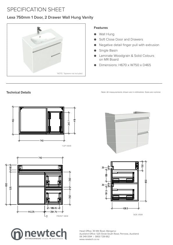 Newtech Lexa 750mm | 1 Door 2 Drawer Wall Hung Vanity - The Bathroom Shop