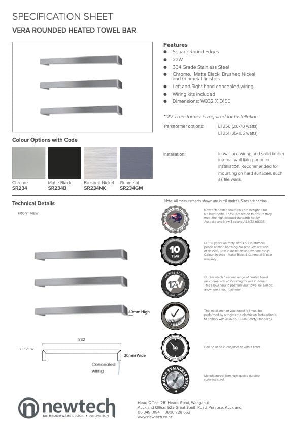 Newtech Vera Rounded Heated Towel Rail 832mm | Matte Black - The ...